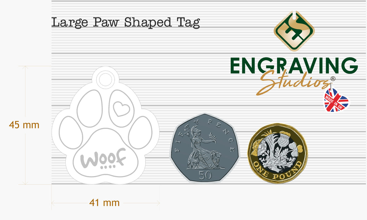 Large Reinforced Solid Brass Woof Paw Shaped Dog Tag – Engraving Studios