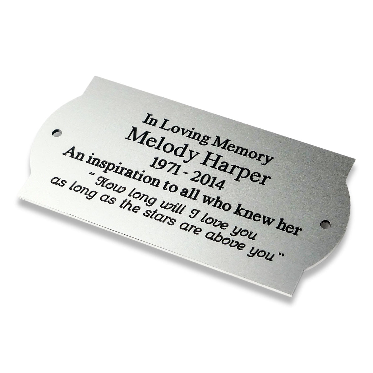 Curved end design silver aluminium engraved plaque – Engraving Studios